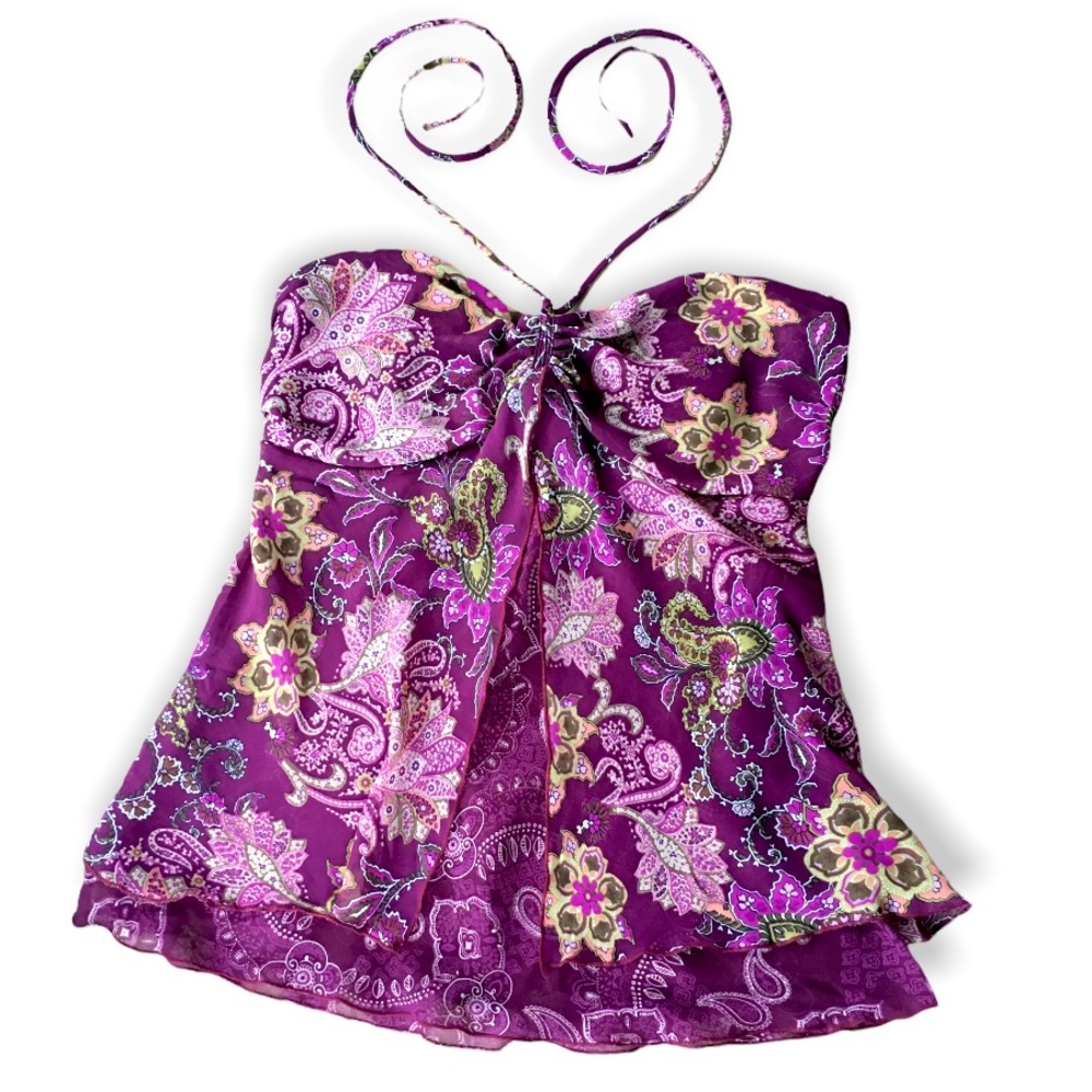 90s Y2k Vintage Magenta Paisley Layered Chiffon Halte… - Gem